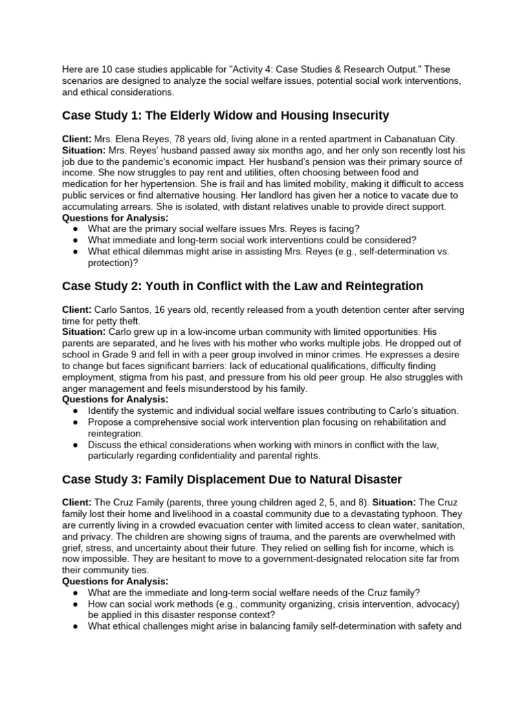 Social Welfare Case Studies Analysis | PDF | Social Work | Mental Health