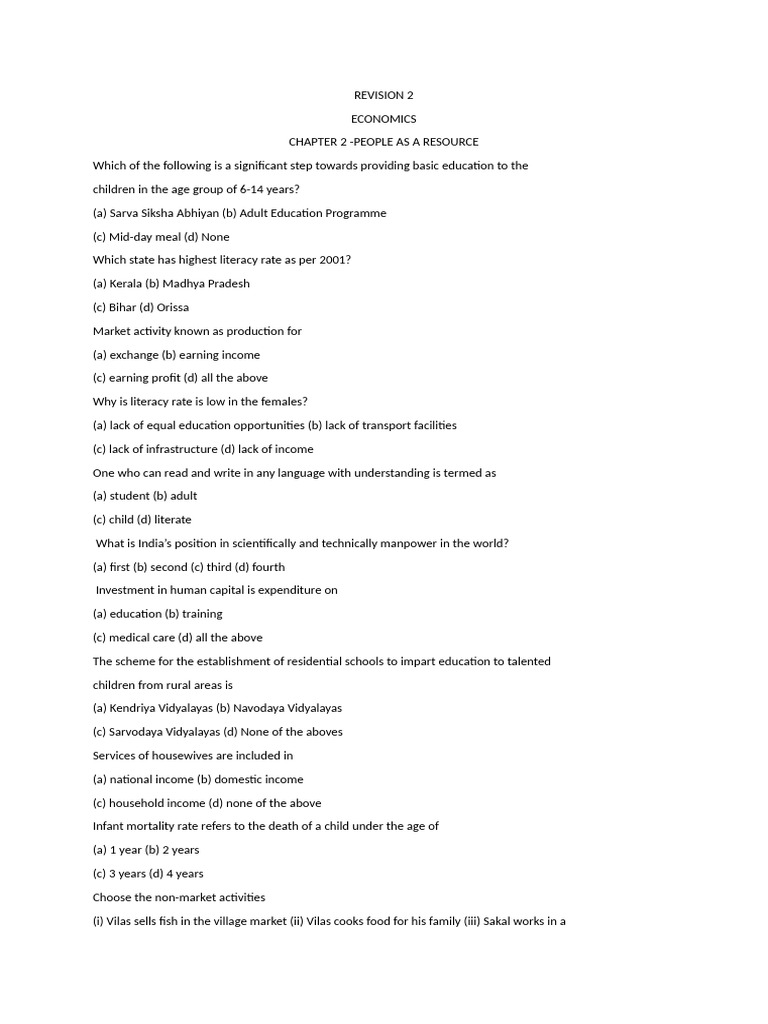 Revision 2 Class 9 Economics | PDF | Unemployment | Infant Mortality