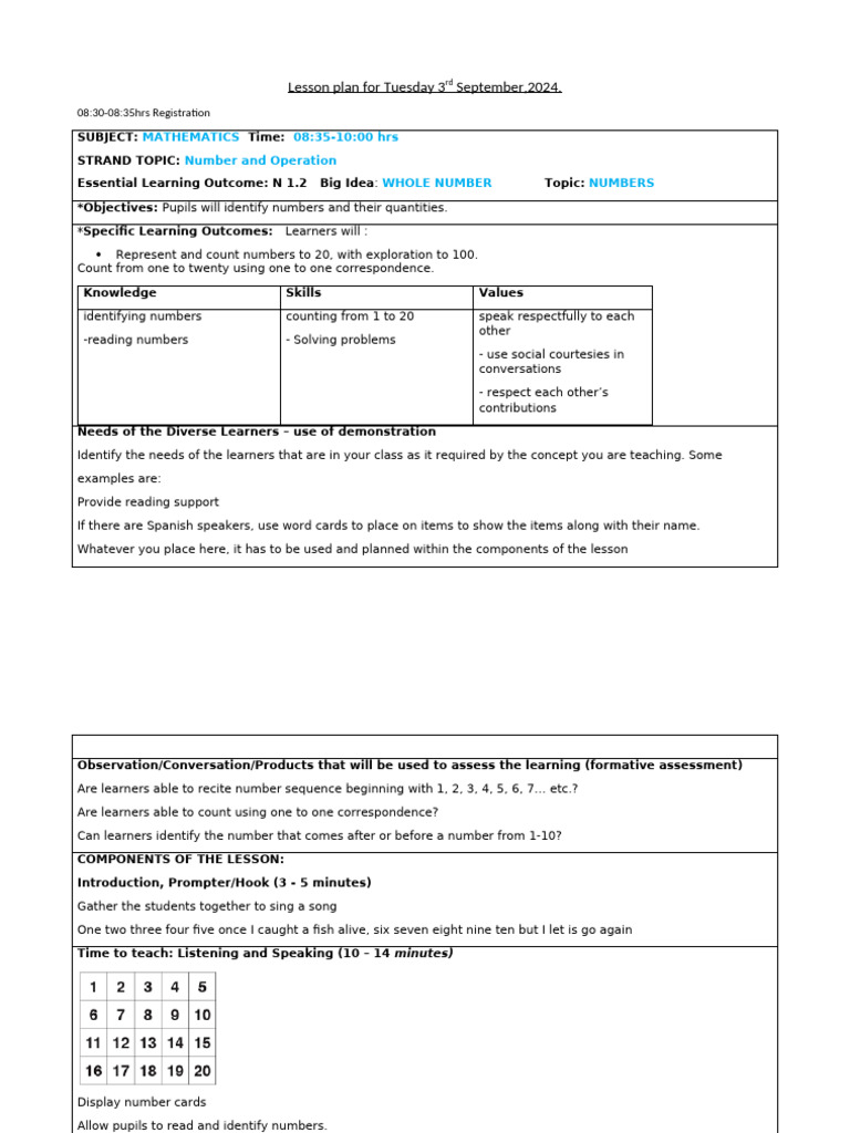 Mathematics and Reading Lesson Plan | PDF | Learning | Lesson Plan