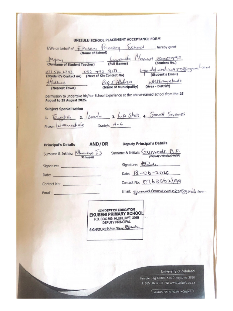 Unizulu School Placement Acceptance Form | PDF