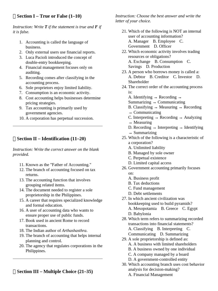 Mock Quiz (Introduction To Accounting) | PDF | Accounting | Business