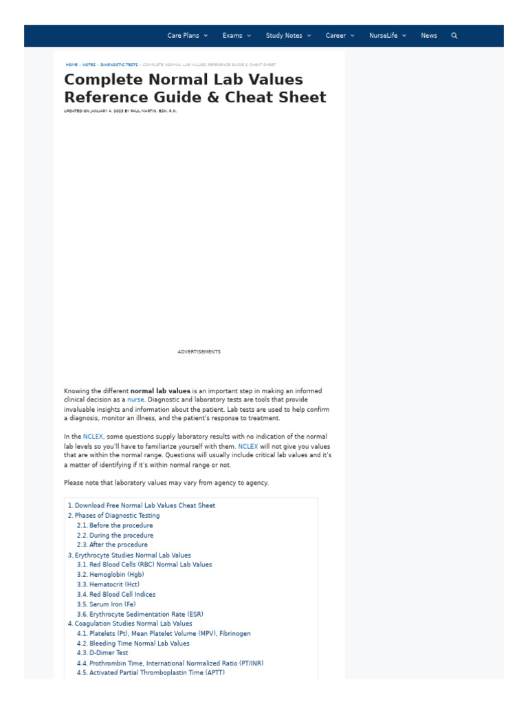 Nurseslabs Com Normal Lab Values Nclex Nursing Hemoglobin HGB | PDF ...