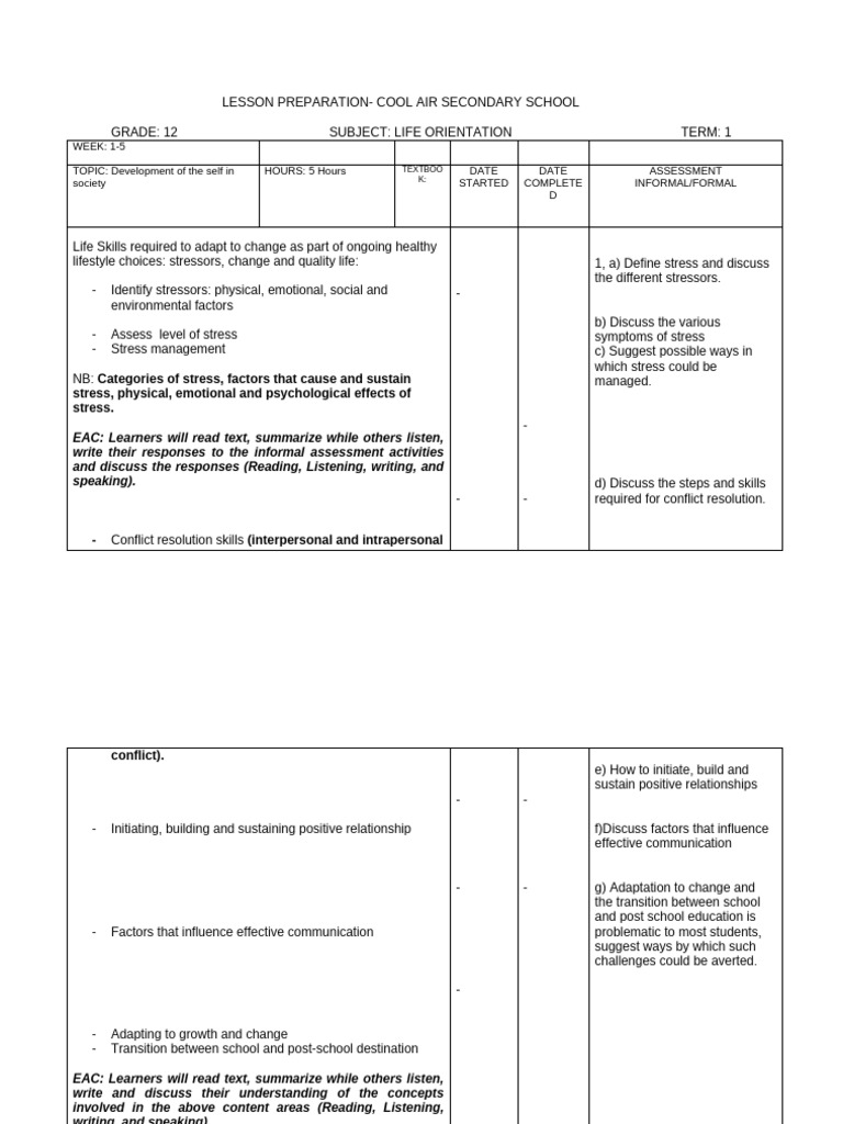 Grade 12 Life Orientation Lesson Plan | PDF | Stress (Biology ...