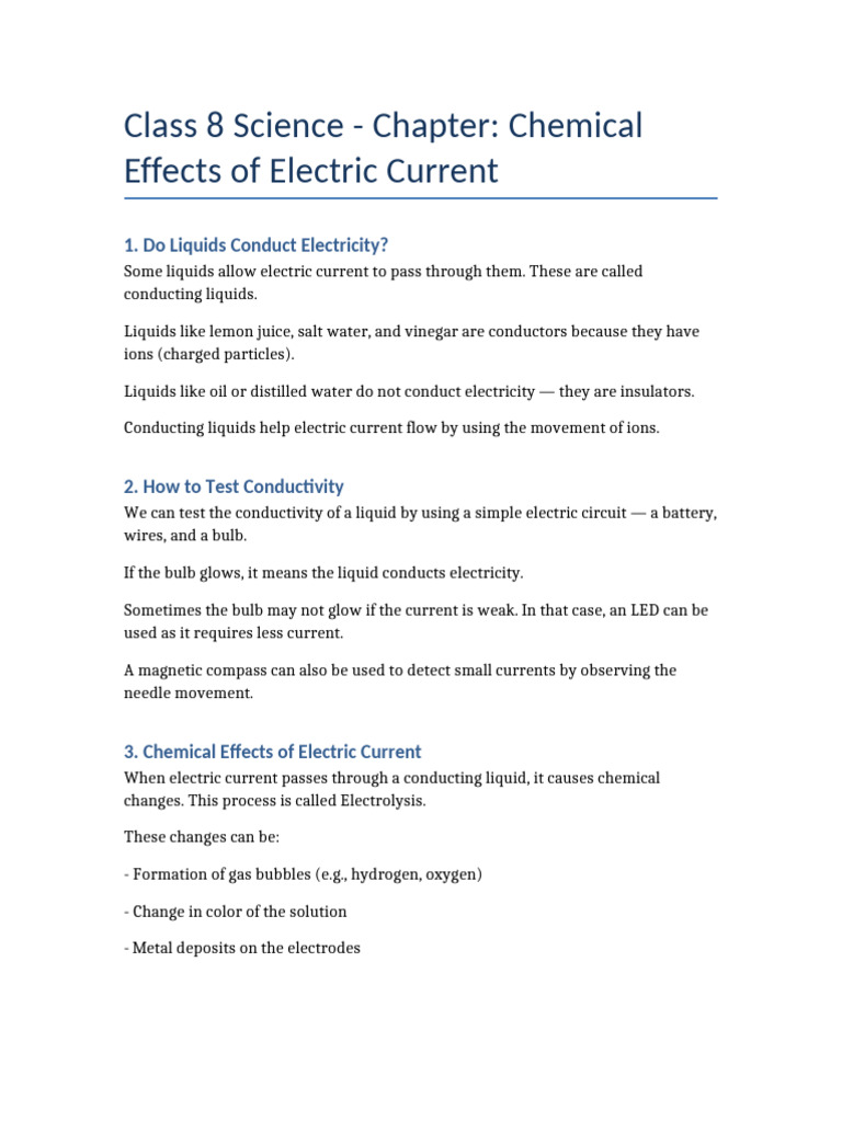 Chemical Effects of Electric Current Class8 Notes | PDF