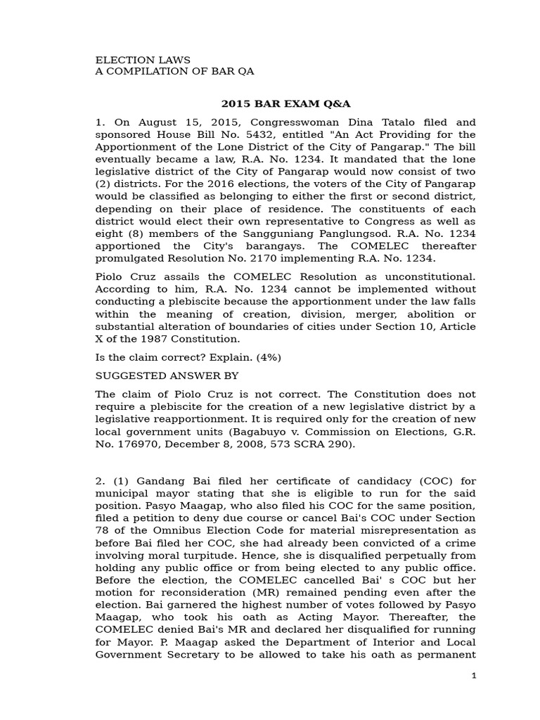 Election Law BAQ QA 2015-16 | PDF | Public Law | Governance
