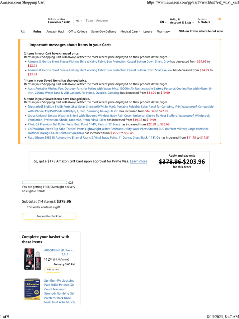 Shopping Cart of Friday August 15th, 2025 For SS Deposit On Wednesday ...