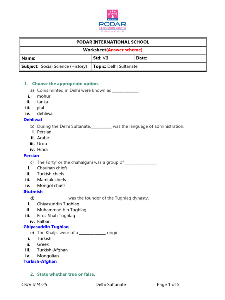 As WorkBook CB VII SSC The Delhi Sultanate | PDF