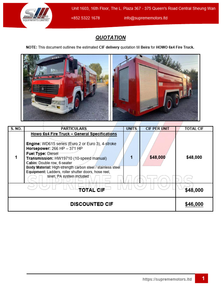 HOWO 6x4 Fire Truck CIF Quotation | PDF
