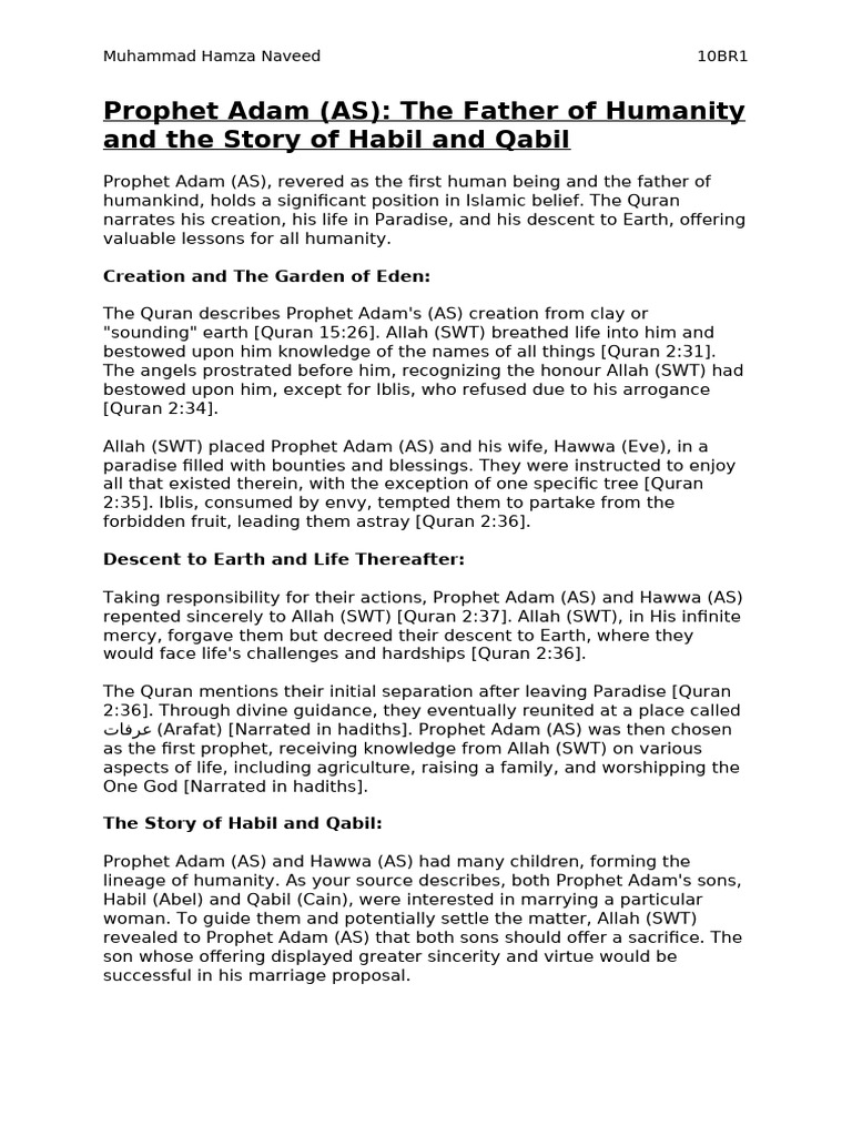 Adam: Father of Humanity and Lessons | PDF | Adam | Prophets And ...
