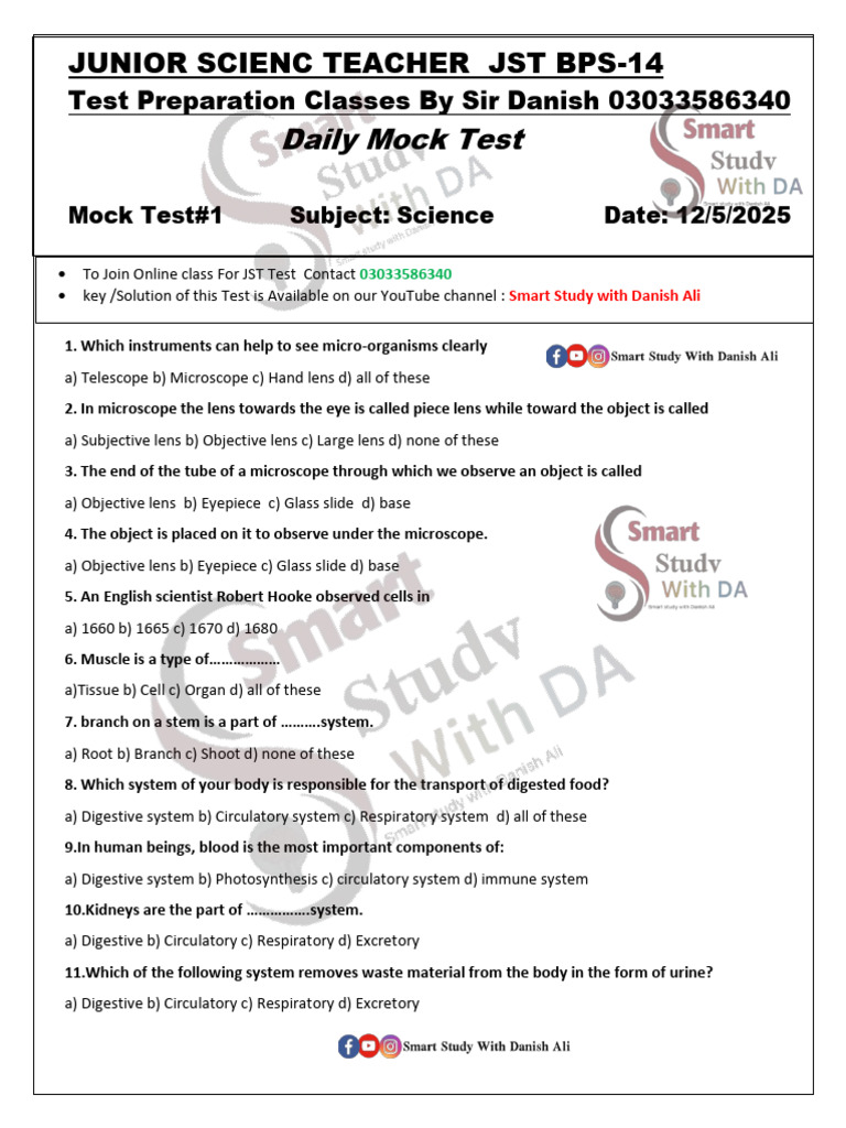 Science Mock Test for Junior Teachers | PDF | Respiratory Tract | Human ...