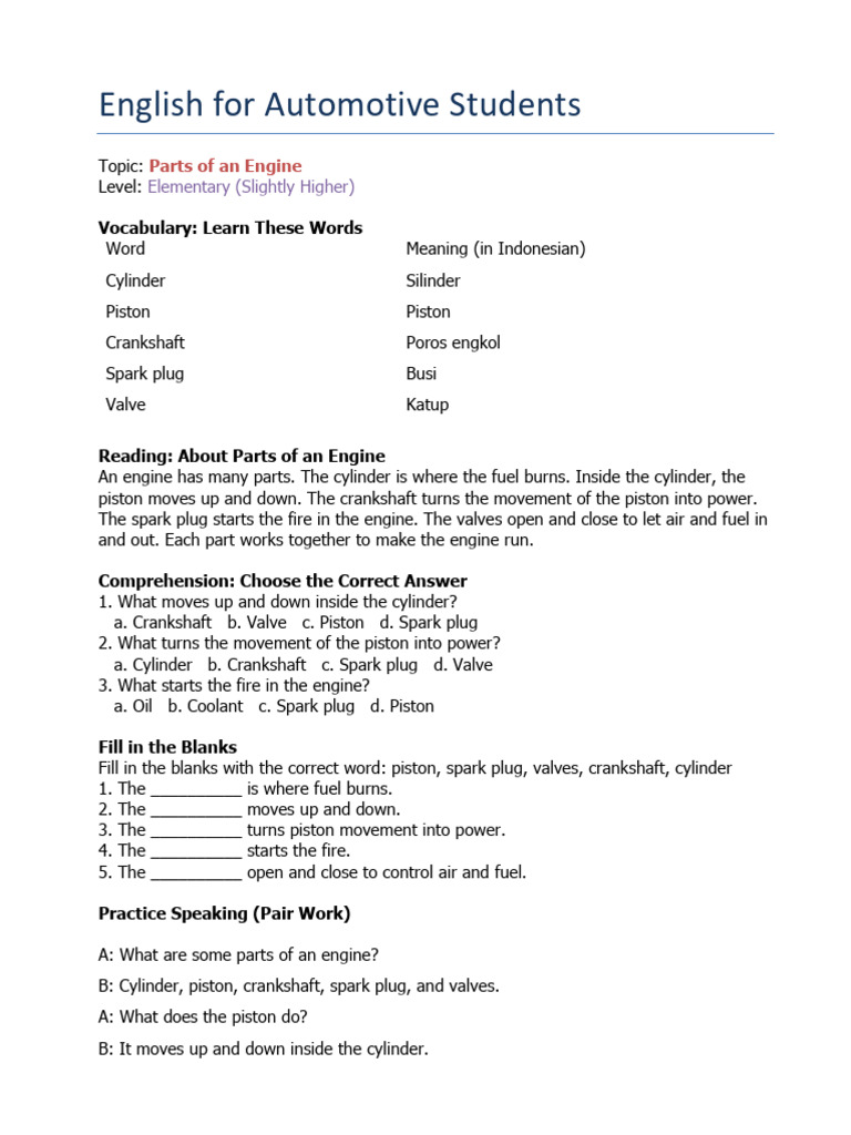 Engine Parts Overview for Students | PDF