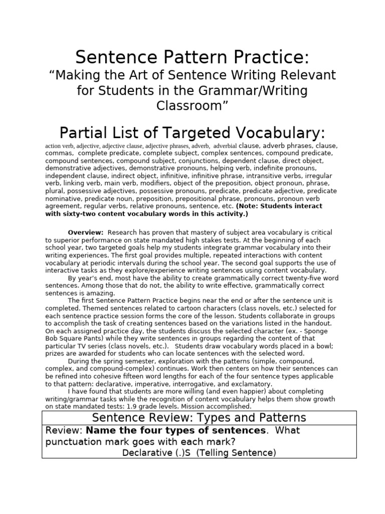 Sentence Writing Patterns for Students | PDF | Subject (Grammar) | Adverb