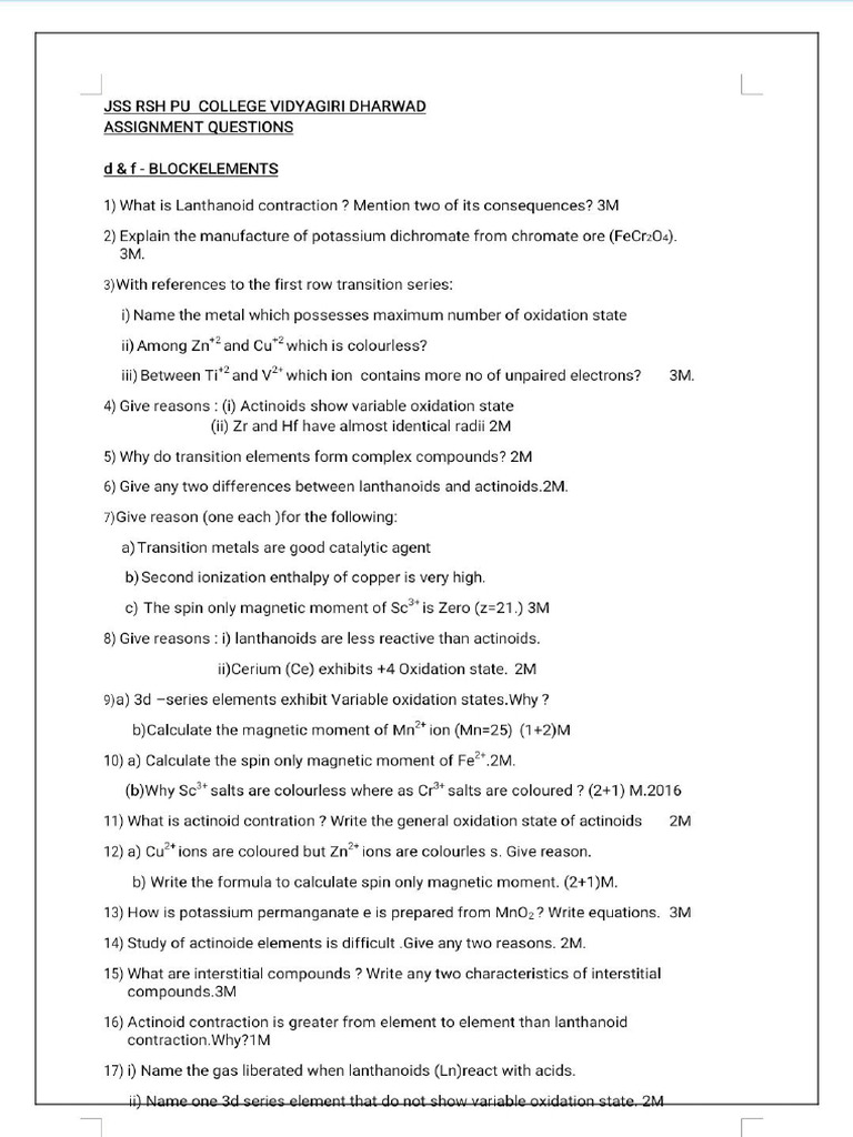 Pu 2-Assignment - D & F Block Elements | PDF