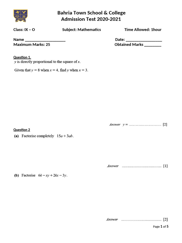 Format Admission Test IX O | PDF