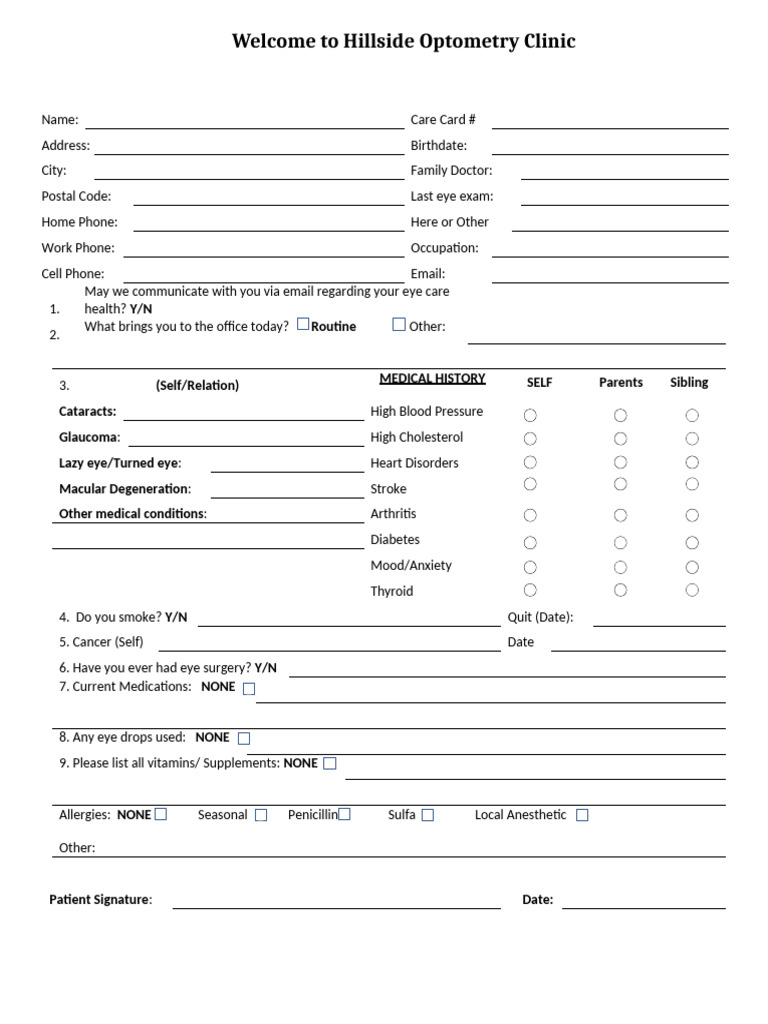Hillside Optometry Patient Intake Form | PDF