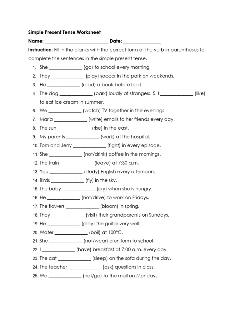 Worksheet on Simple Present Tense ..-1 | PDF