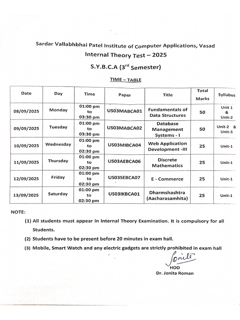 BCA-Sem-3 Theory Examination Timetable - 2025 | PDF