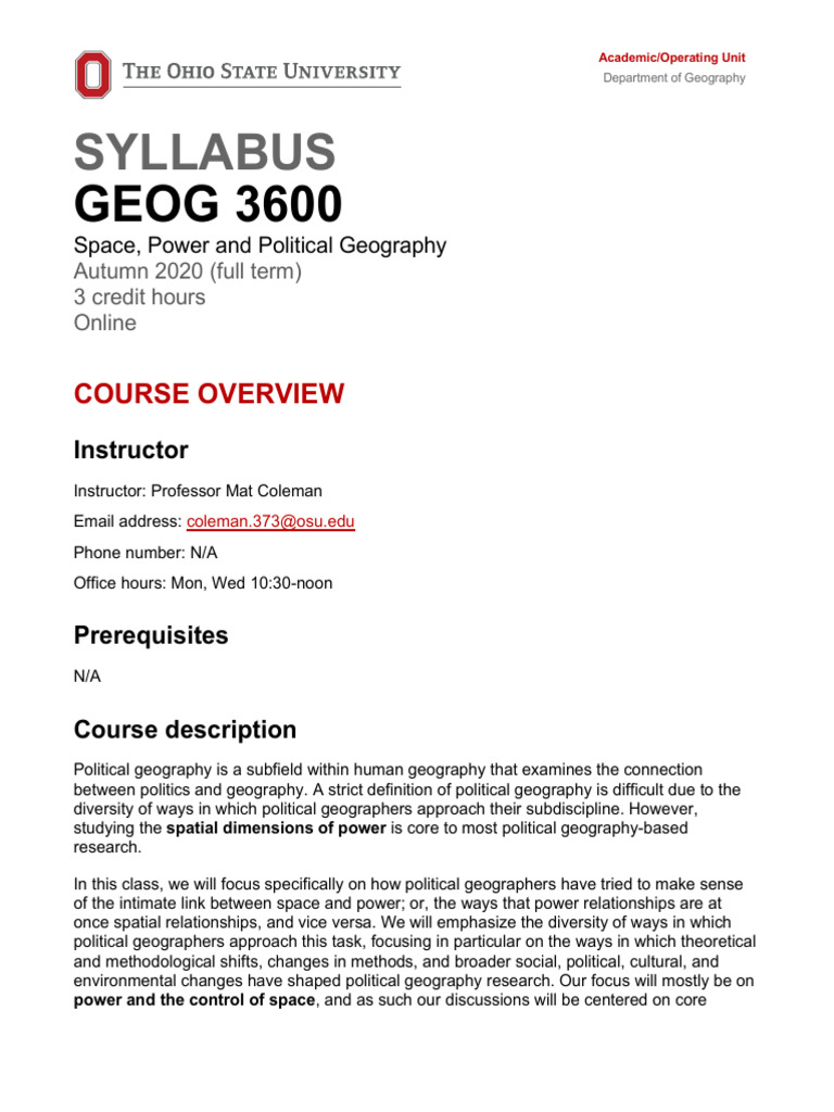 AU20 Geog 3600 Syllabus Coleman | PDF | Geography | Theory