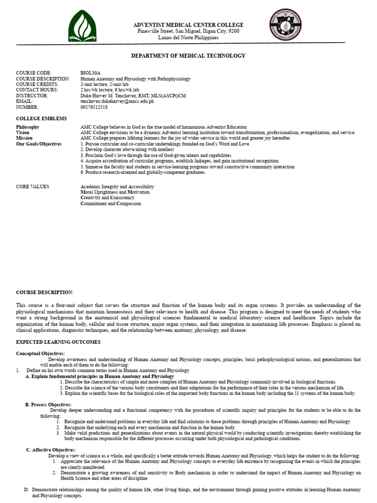 Human Anatomy & Physiology Syllabus | PDF | Science | Pathology