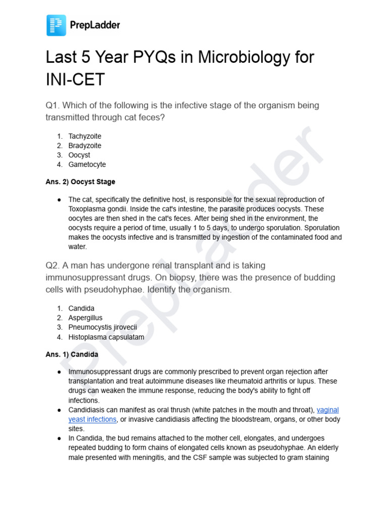 Last 5 Year PYQs in Microbiology For INI CET | PDF | Candidiasis | Cytotoxic T Cell
