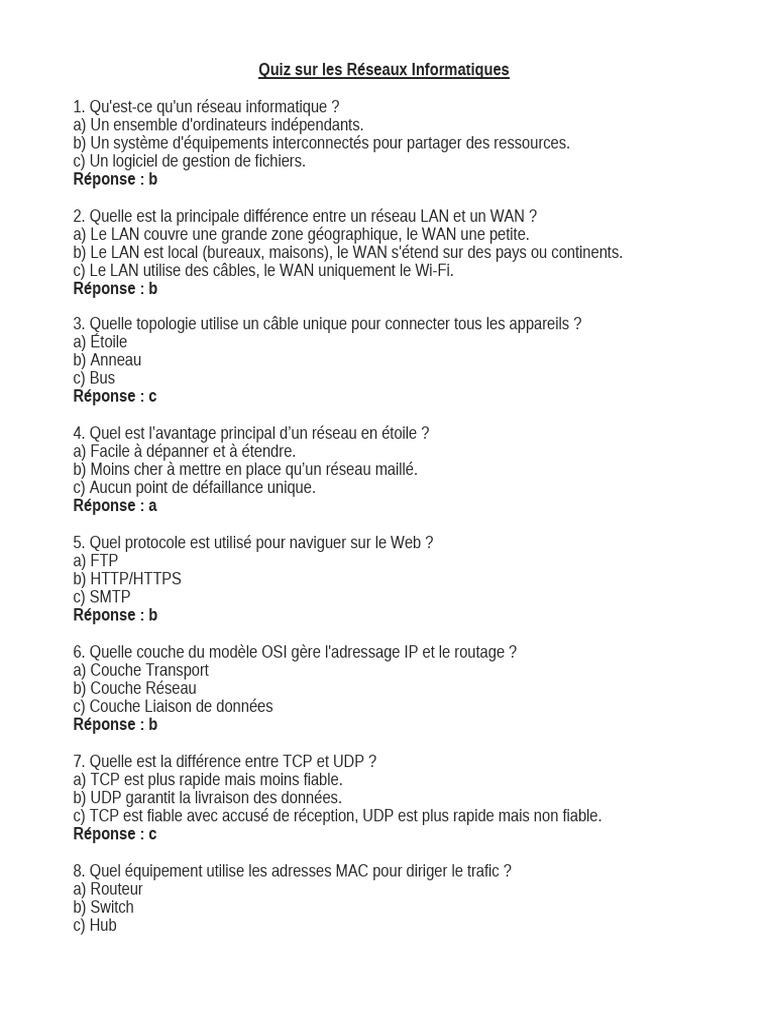 Quiz sur les Réseaux Informatiques | PDF | Adresse IP | Protocole de ...
