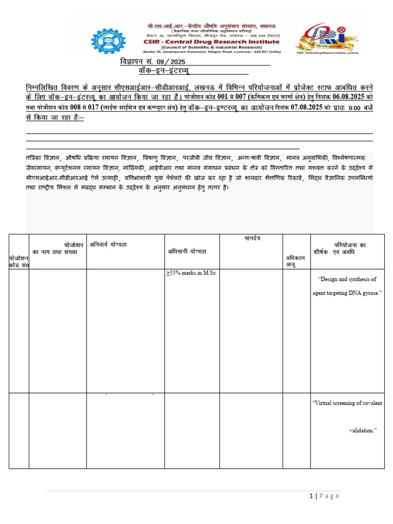 Project Position at CSIR-CDRI, Lucknow (WII-6 and 7 Aug) | PDF ...