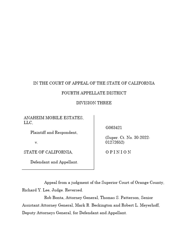 Anaheim Mobile Estates, LLC v. State of California, No. G063421 (Cal ...