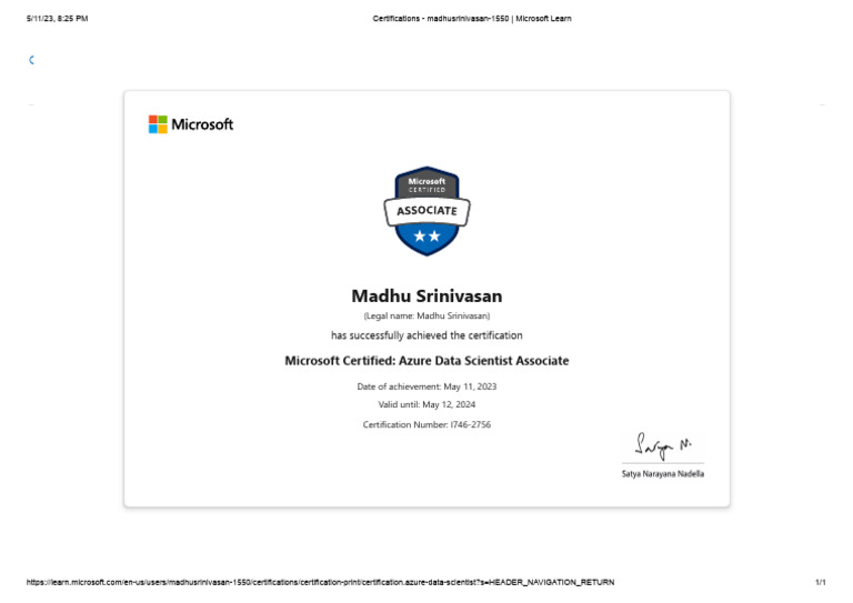 Azure Data Scientist Certification Achieved | PDF