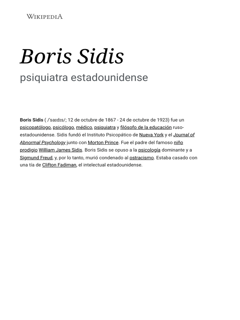 Boris Sidis - Wikipedia, La Enciclopedia Libre | PDF | Sicología ...