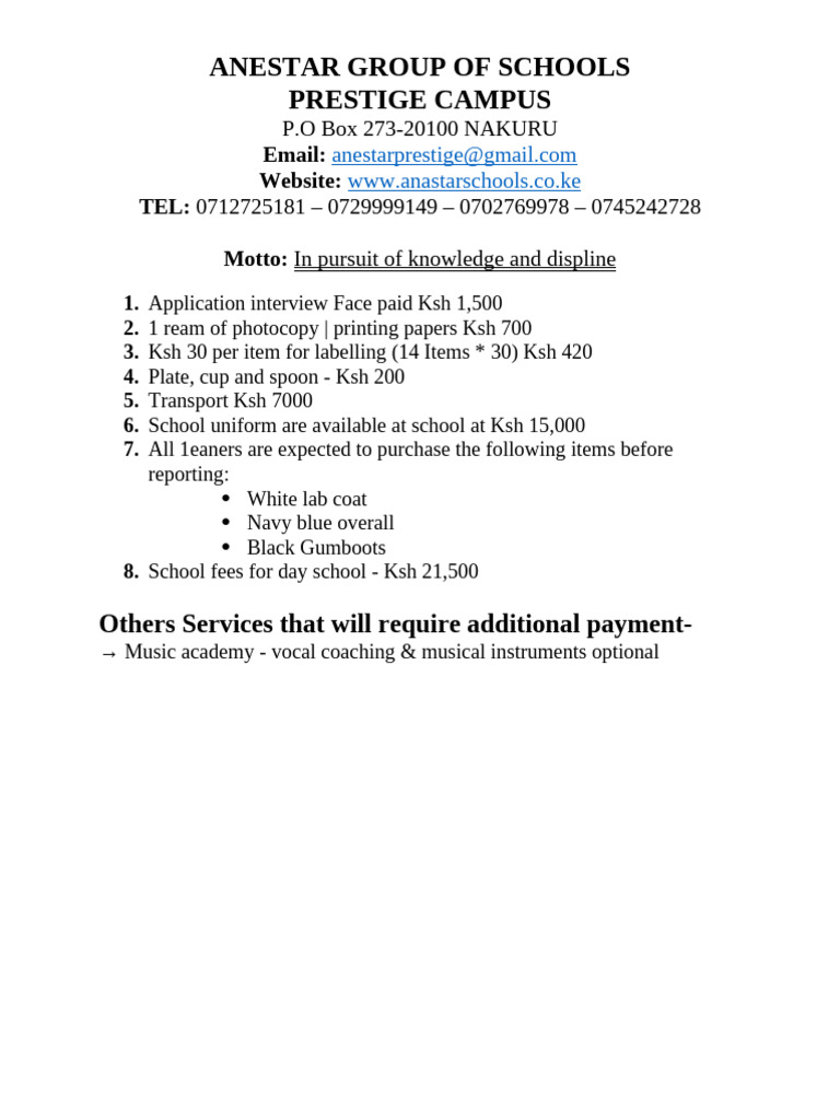 Anestar High School Fees Structure 2025 | PDF