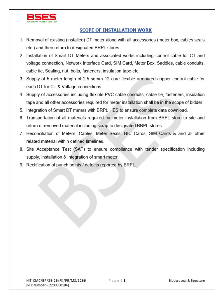 Scope of Installation Work BRPL | PDF
