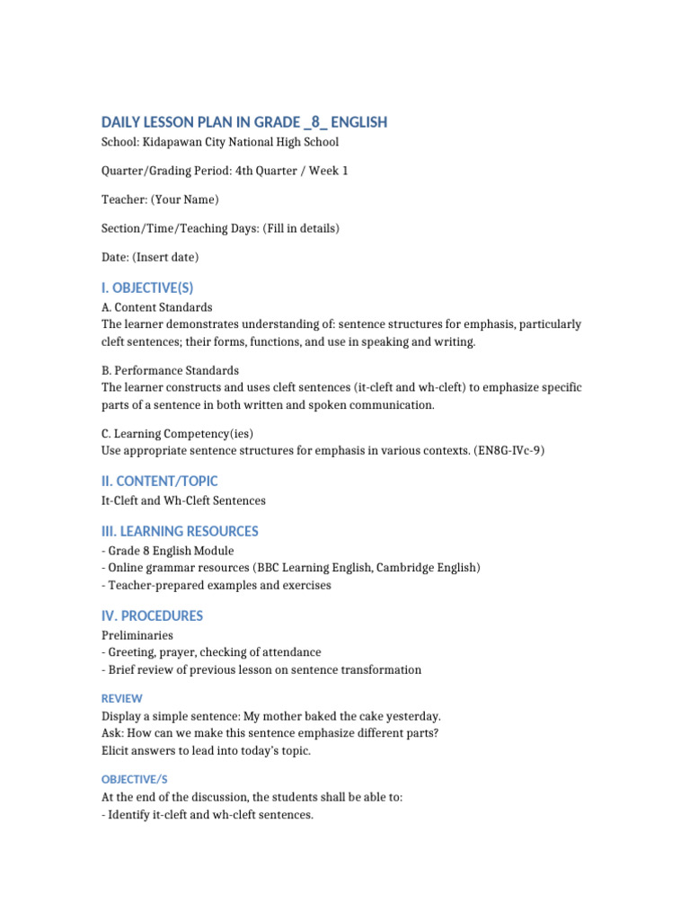 It Cleft Wh Cleft Lesson Plan | PDF | Lesson Plan | English Language