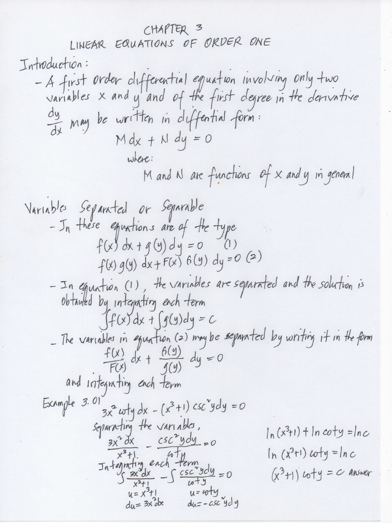 3 Chapter 3 Linear Equation of Order One Variable Separated or ...