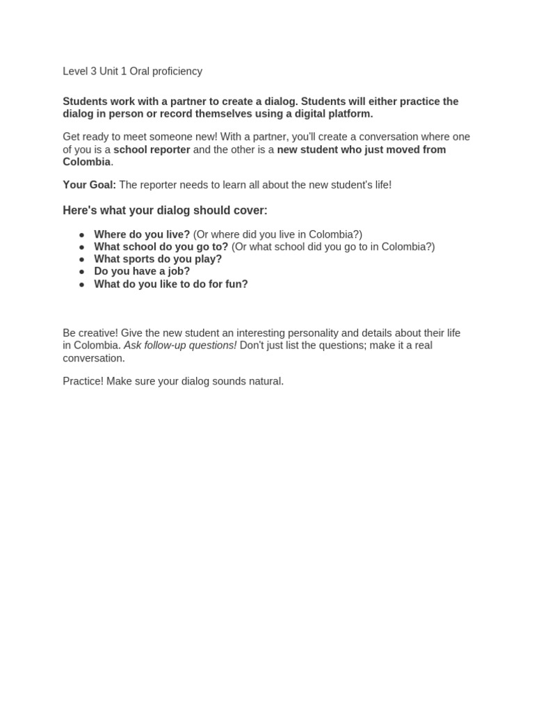 Level 3 Unit 1 Oral Proficiency | PDF