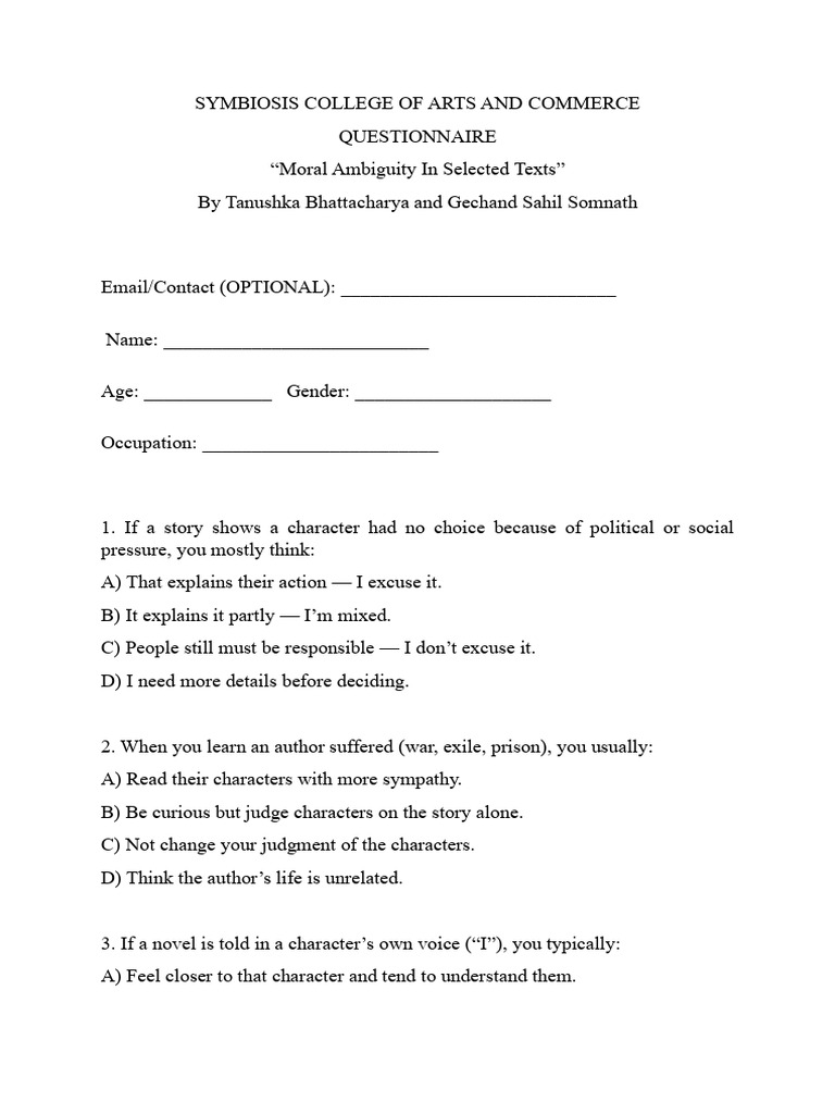 Questionnaire On Moral Ambiguity by Tanushka and Sahil | PDF