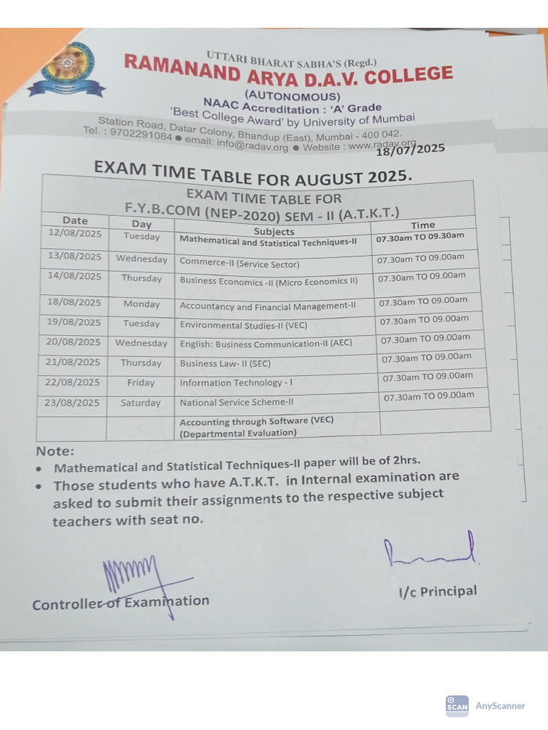 Fybcom (Nep) Atkt Sem 2 Exam Time Table | PDF