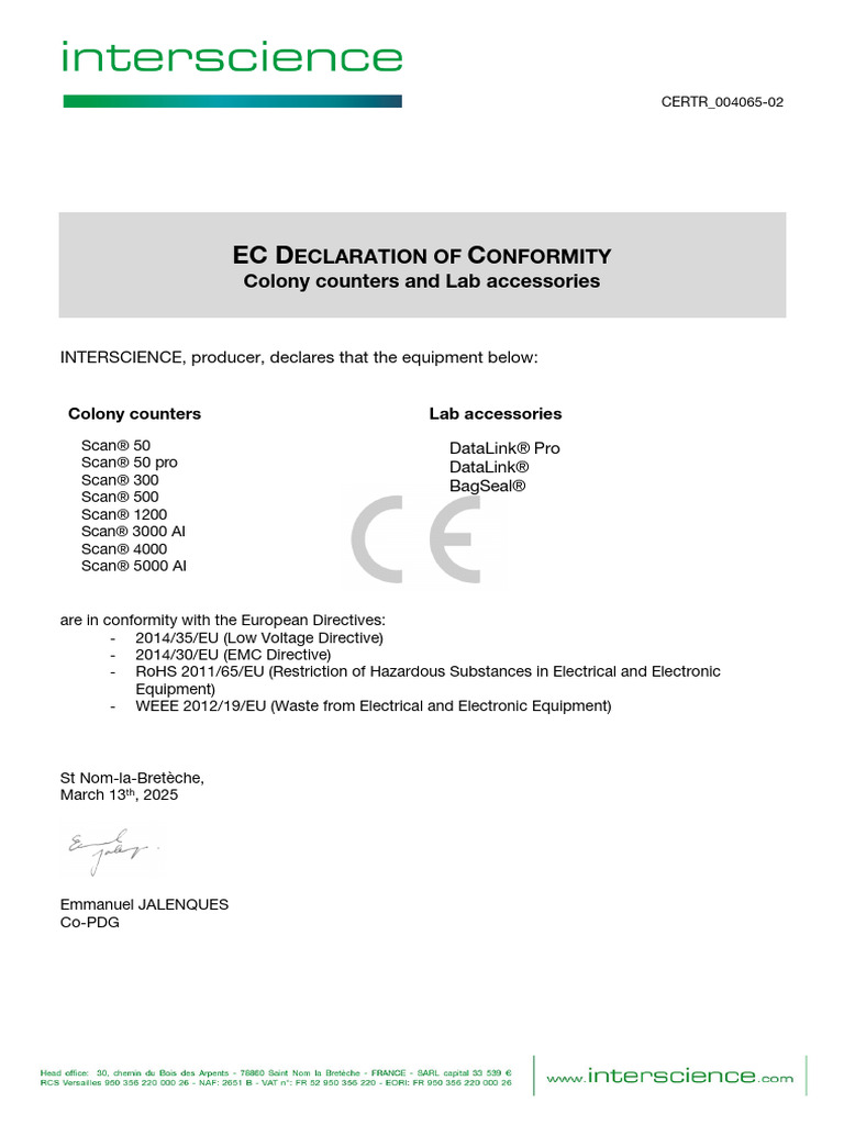 Interscience Ec Certificate Colony Counters and Lab Accessories en | PDF