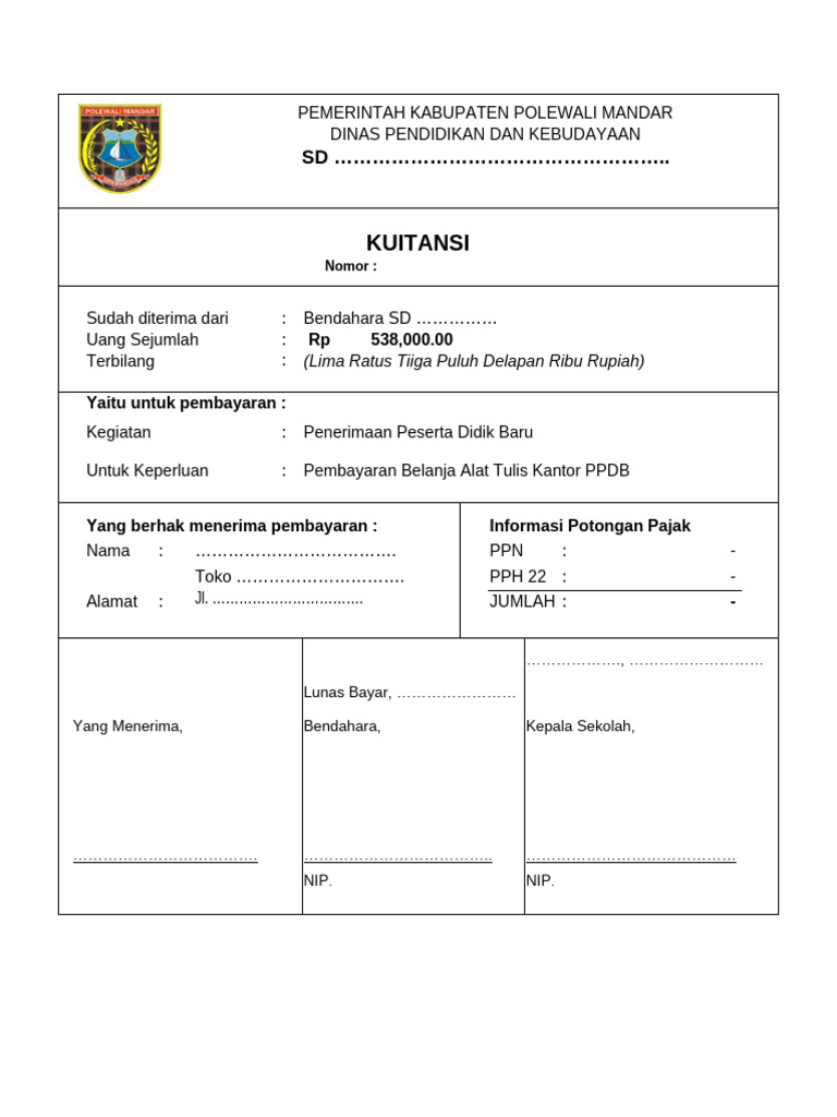 Kuitansi Pembayaran PPDB SD Polewali Mandar | PDF