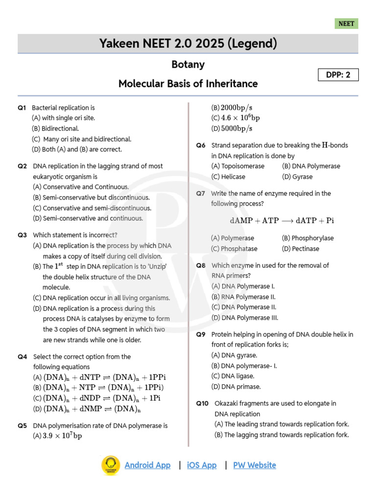 Molecular Basis of Inheritance - DPP 02 (Of Lec - 07) - Yakeen NEET 2.0 ...