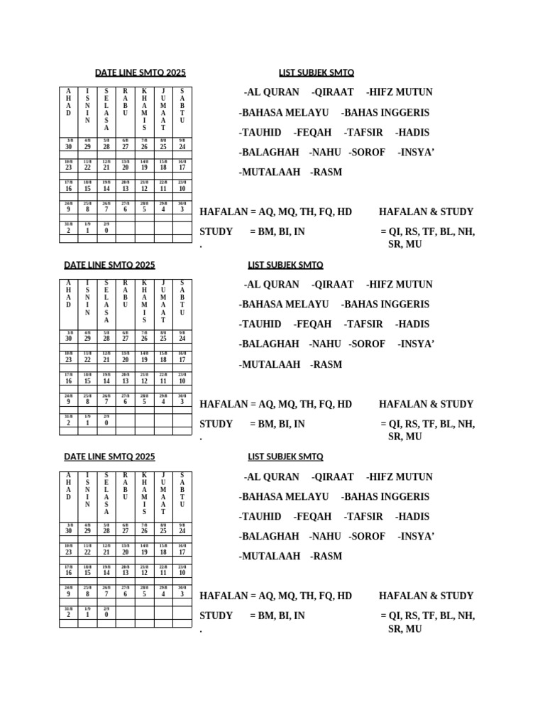 SMTQ 2025 Subject List and Schedule | PDF