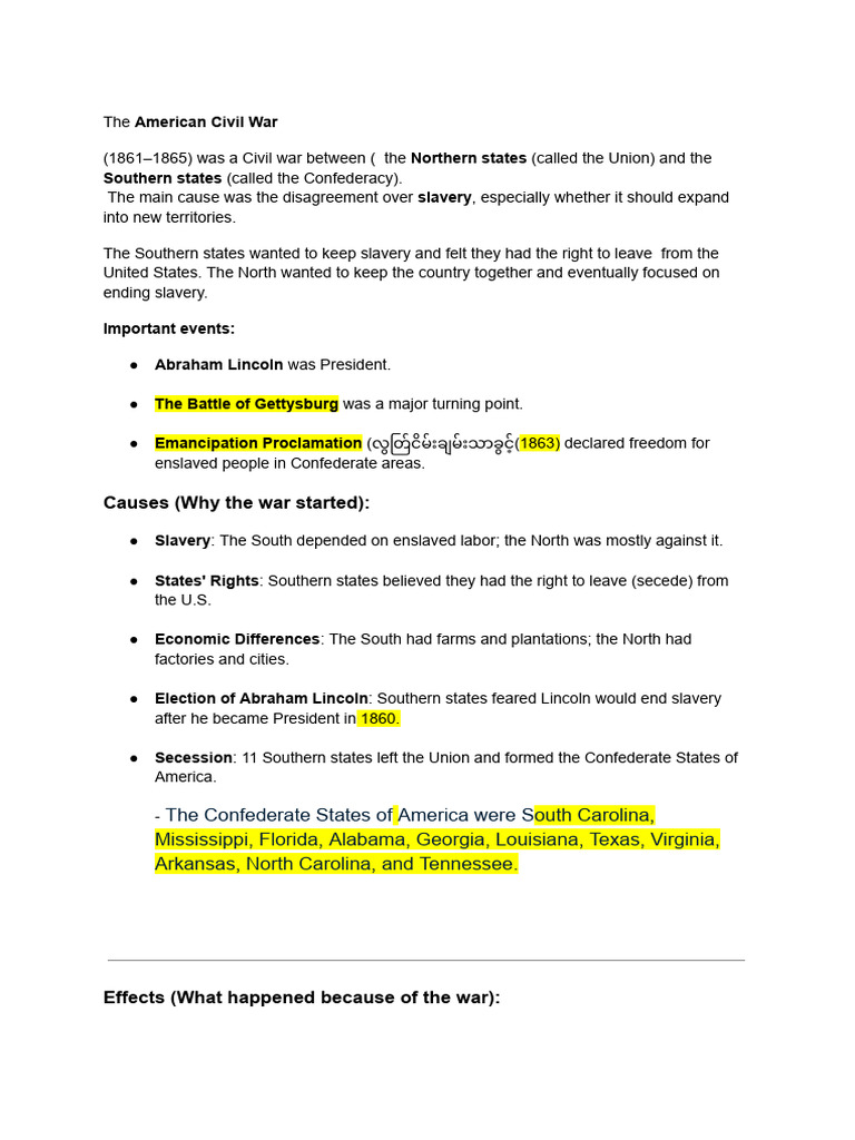 Civi War and ww1 For students | PDF | Confederate States Of America ...