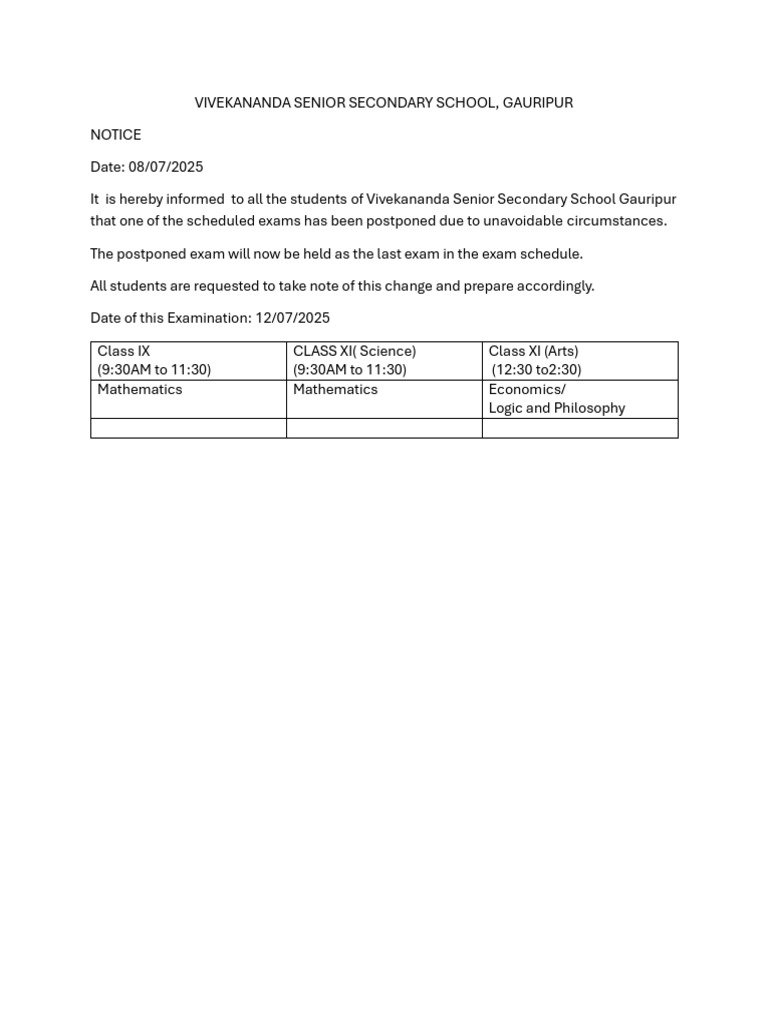 Exam Postponement Notice for Students | PDF