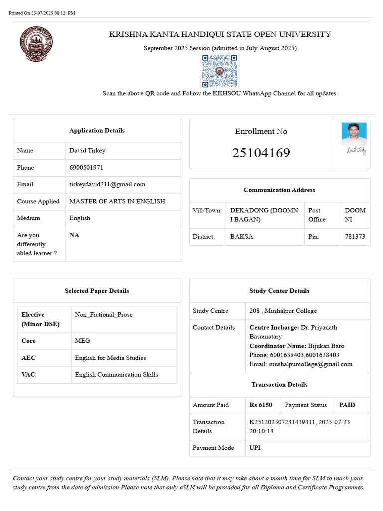 Admission Form RECEIPT | PDF