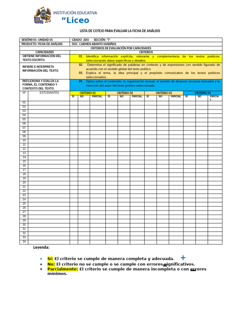 Lista de Cotejo para Evaluar La Ficha de Análisis | PDF