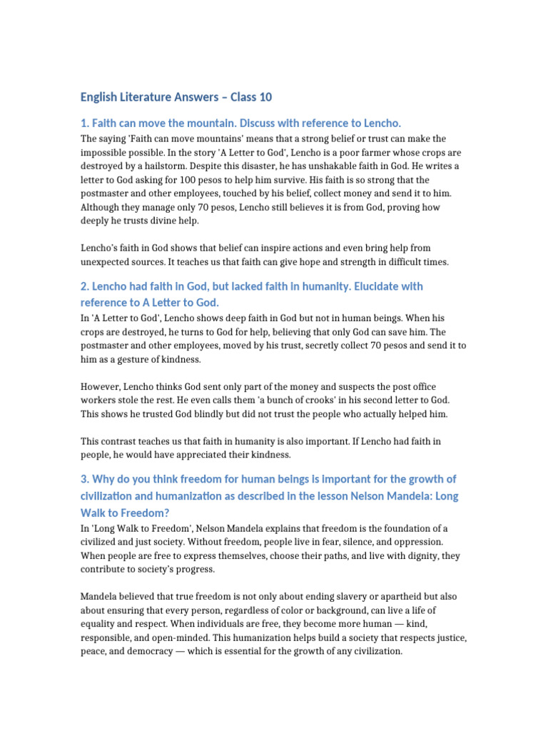 Class 10 English Literature Insights | PDF | Faith | Nelson Mandela
