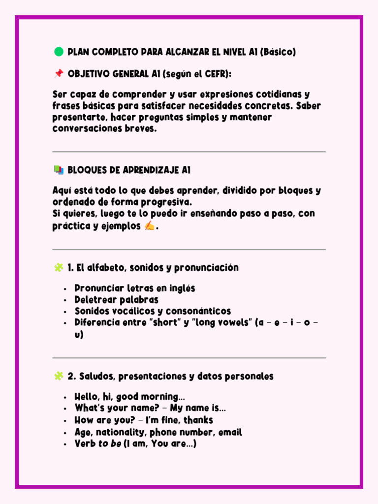 Plan Completo para Alcanzar El Nivel A1 | PDF