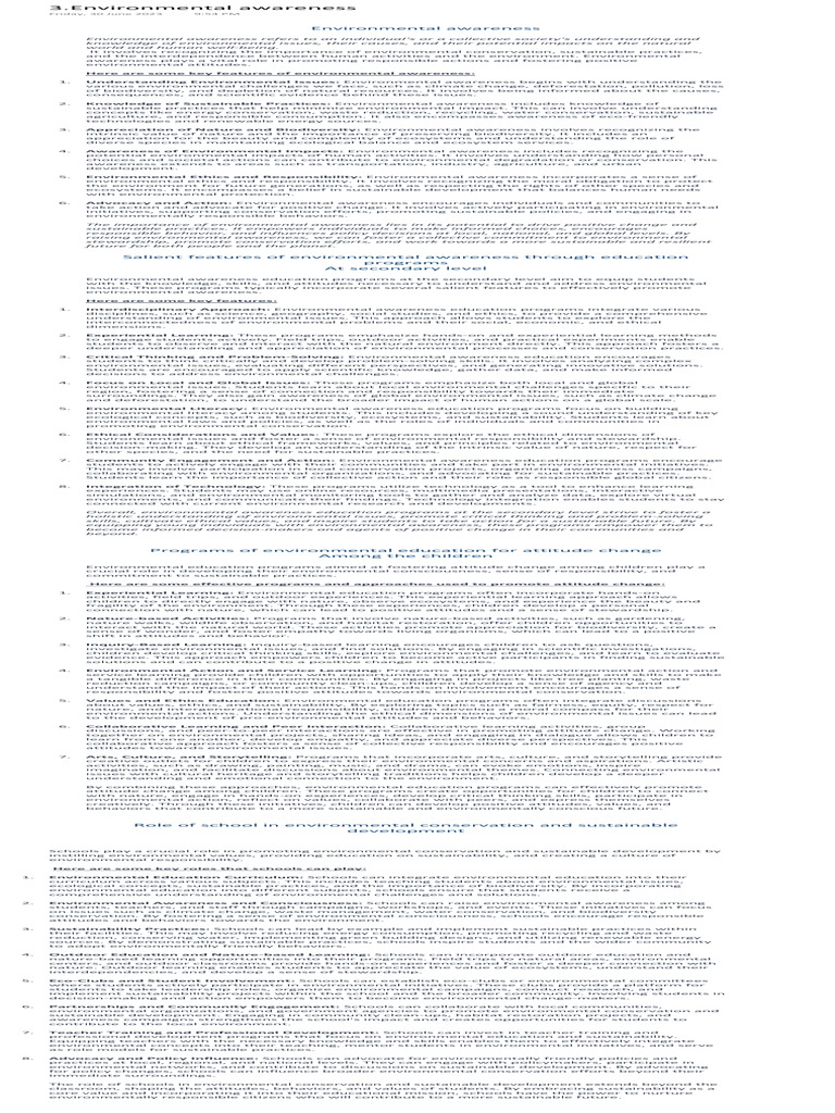 Salient Features of Environmental Awareness | PDF | Sustainability ...