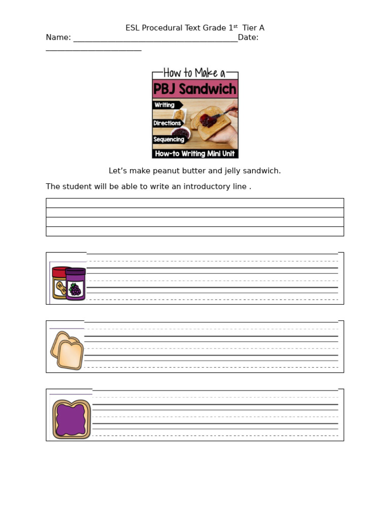 Peanut Butter and Jelly Sandwich Procedural Text Grade 2nd Tier ...