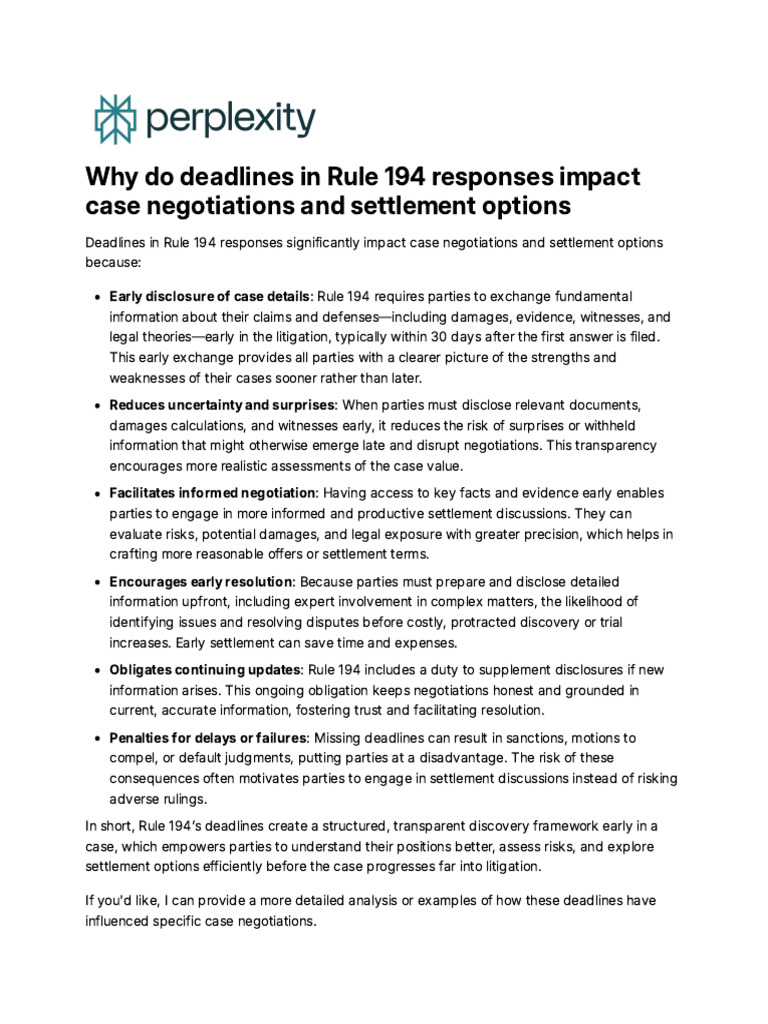Impact of Rule 194 Deadlines on Settlements | PDF | Discovery (Law ...
