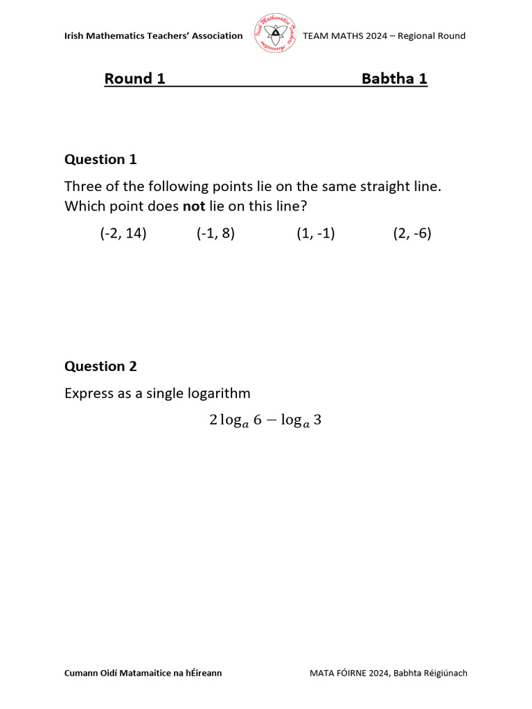 Team Maths 2024 Regional Questions | PDF | Circle | Area